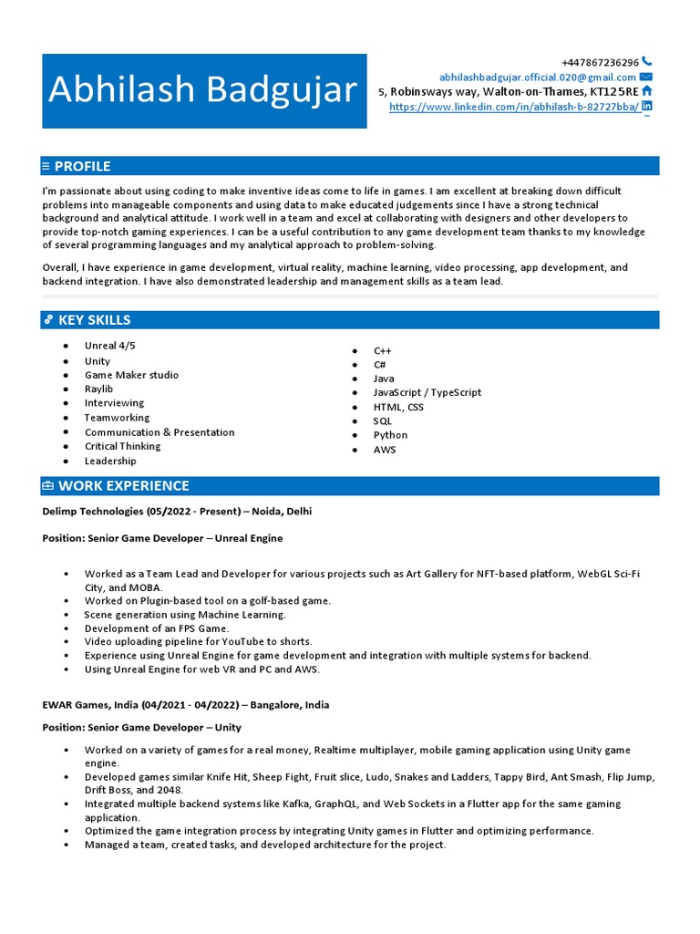 Abhiash Badgujar CV | PDF | Unity (Game Engine) | Application Software
