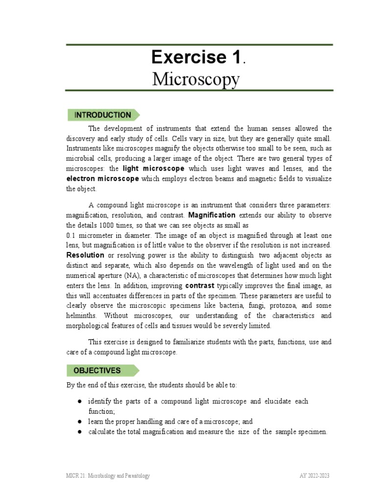 Microscopy: Exercise 1 | PDF | Angular Resolution | Microscope