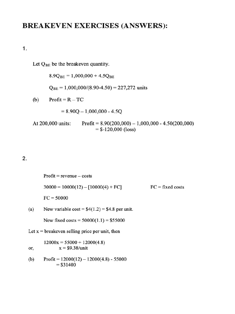Breakeven Exercises (Answers) | PDF | Business | Private Sector
