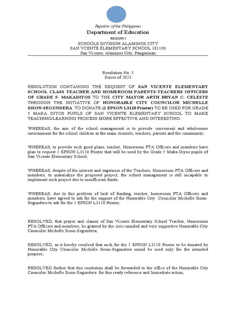 Resolution Requesting Donation of a Printer from Local Government to ...