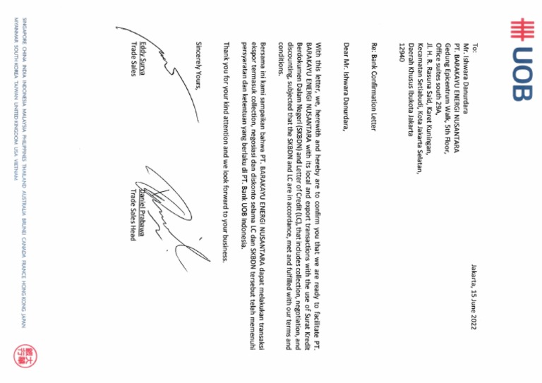 UOB Letter To BKEN 150622 | PDF