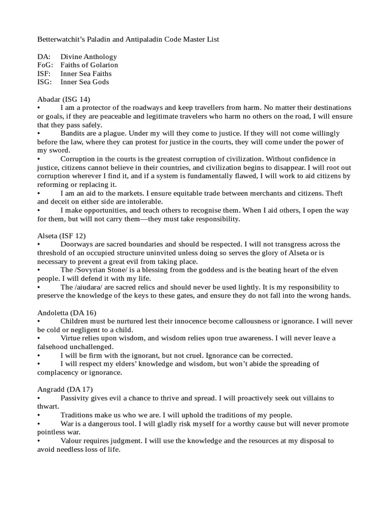 Paladin and Antipaladin Code Master List by Betterwatchit | PDF ...