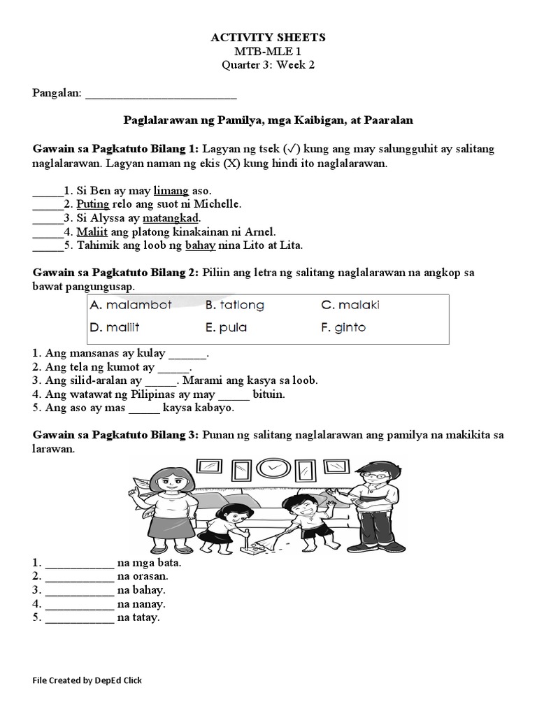 MTB-MLE 1 Activity Sheet Q3 W2 | PDF
