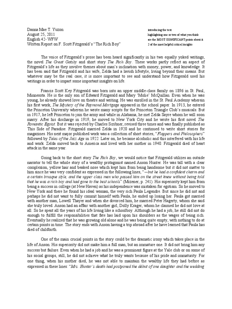 Written Report English 42 (The Rich Boy by Fitzgerald) | PDF | F. Scott ...