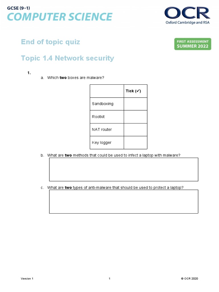 1.4 Network Security End of Topic Quiz | PDF | Malware | Security