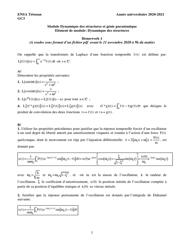 Dynamique des structures : Homework 1 | PDF