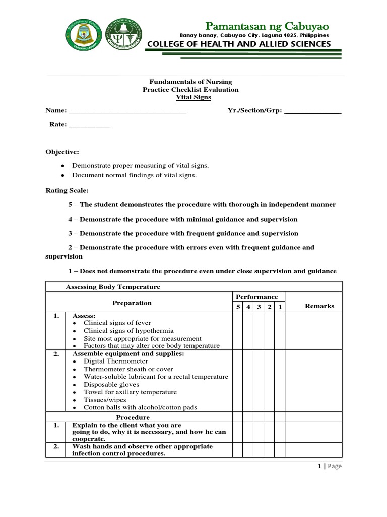 Vital Signs Checklist | PDF | Blood Pressure | Pulse