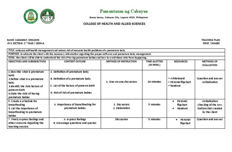 Teaching Plan Format | PDF | Preterm Birth | Breastfeeding
