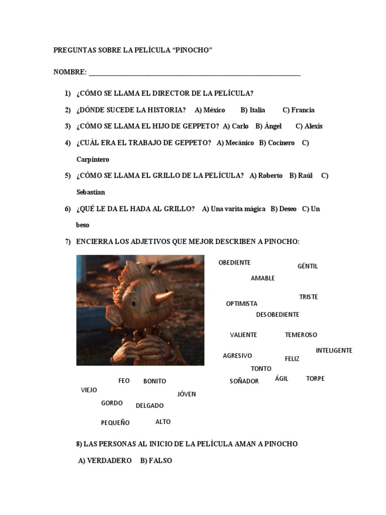 Cuestionario Pinocho (Guillermo Del Toro) | PDF