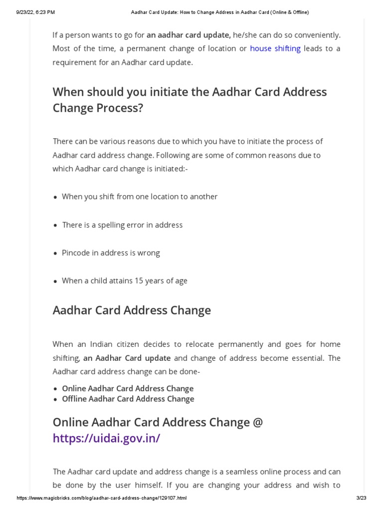 Aadhar Card Update - How To Change Address in Aadhar Card (Online) | PDF | Online And Offline ...