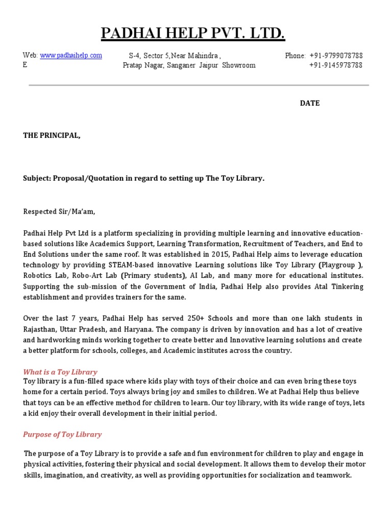 Toy Library Proposal by Padhai Help | PDF
