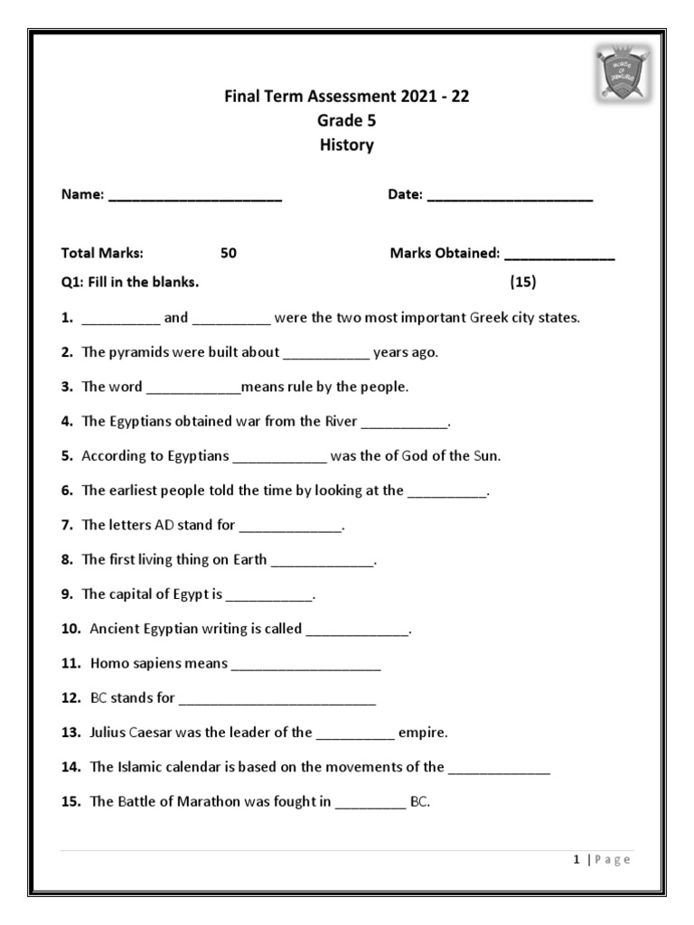 Grade 5 History Final Term 2022 | PDF | Ancient Egypt | Ancient Greece