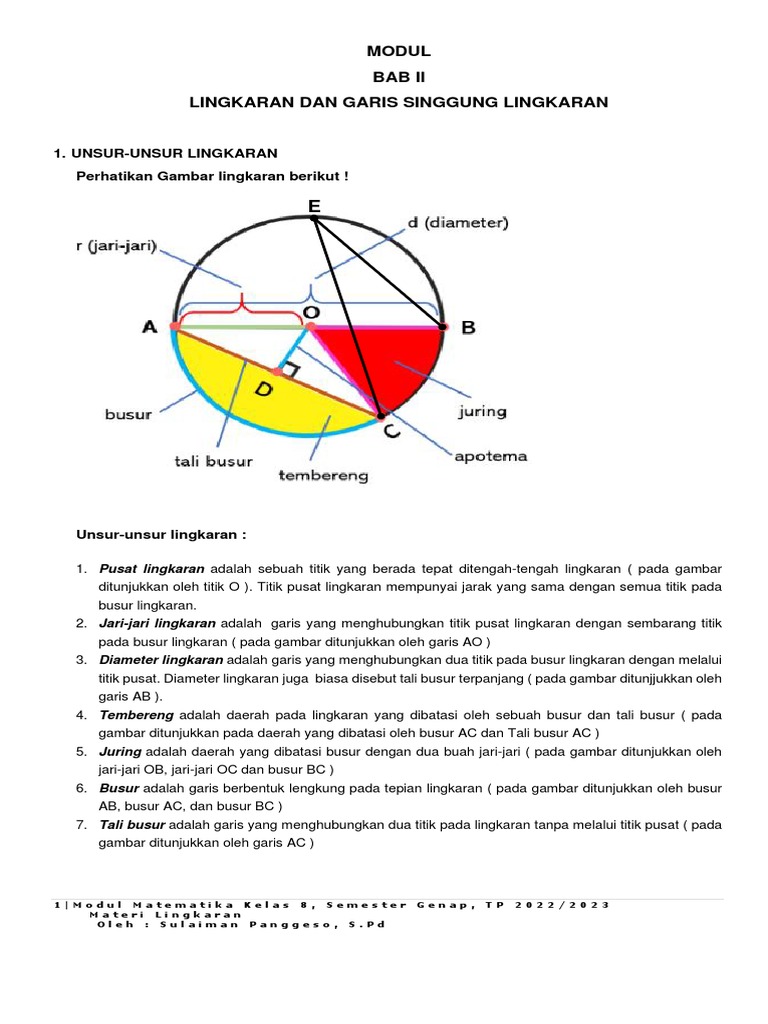 Modul Bab Ii Lingkaran Dan Garis Singgung Lingkaran: 1. Unsur-Unsur Lingkaran Perhatikan Gambar ...
