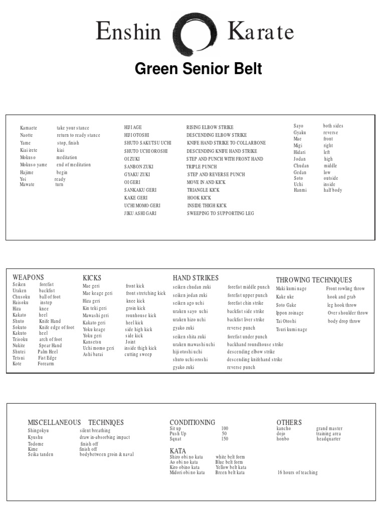 Enshin Karate Green Senior Belt Techniques | PDF | Individual Sports ...