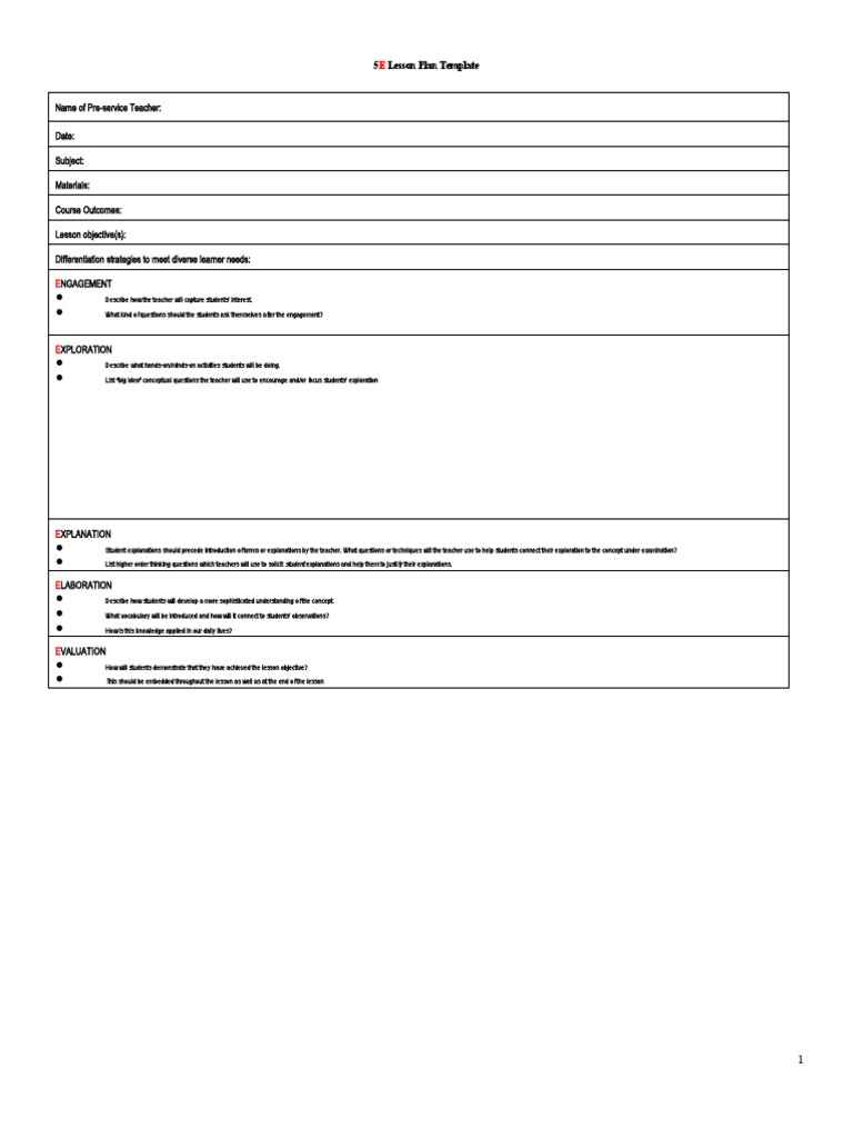 5E Lesson Planning Template | PDF