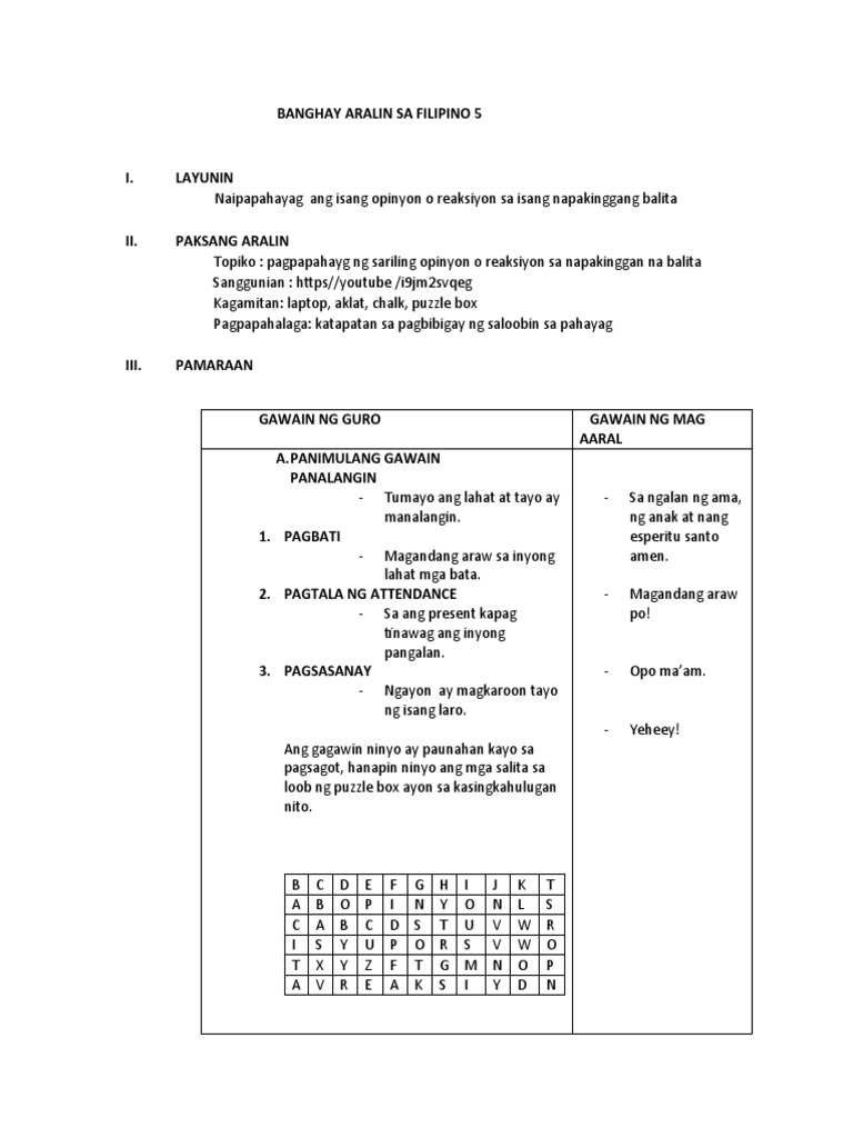 Banghay Aralin Sa Filipino 5 Group 7 | PDF