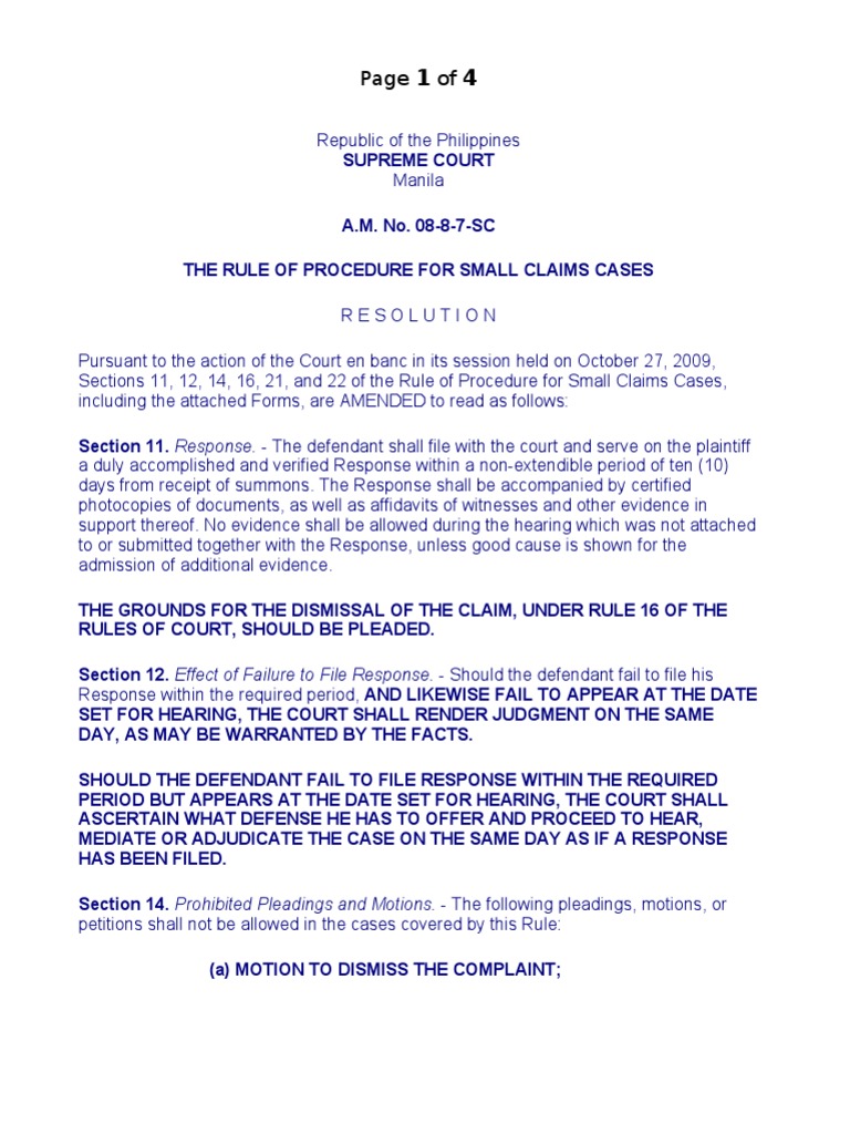 Rules of Procedure For Small Claims Cases | PDF | Pleading | Complaint
