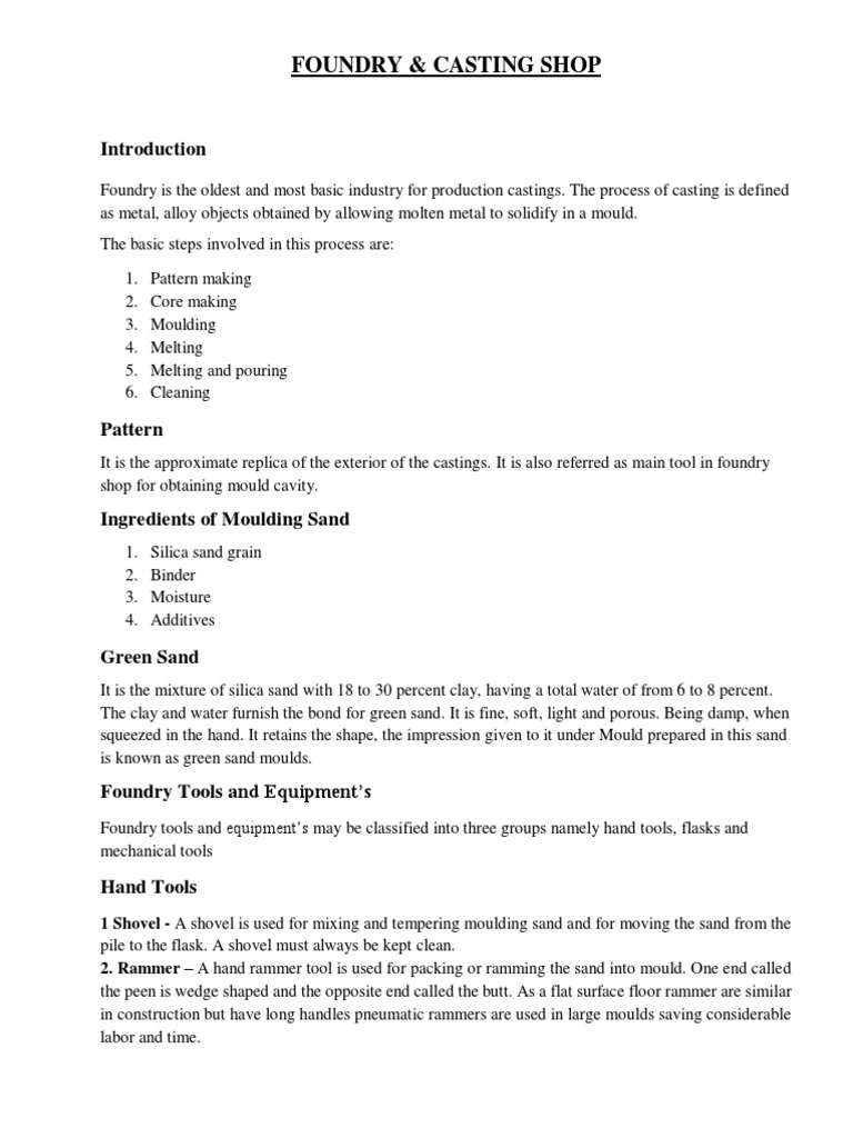 3 - Foundry&Casting - Shop 1 | PDF | Foundry | Casting (Metalworking)