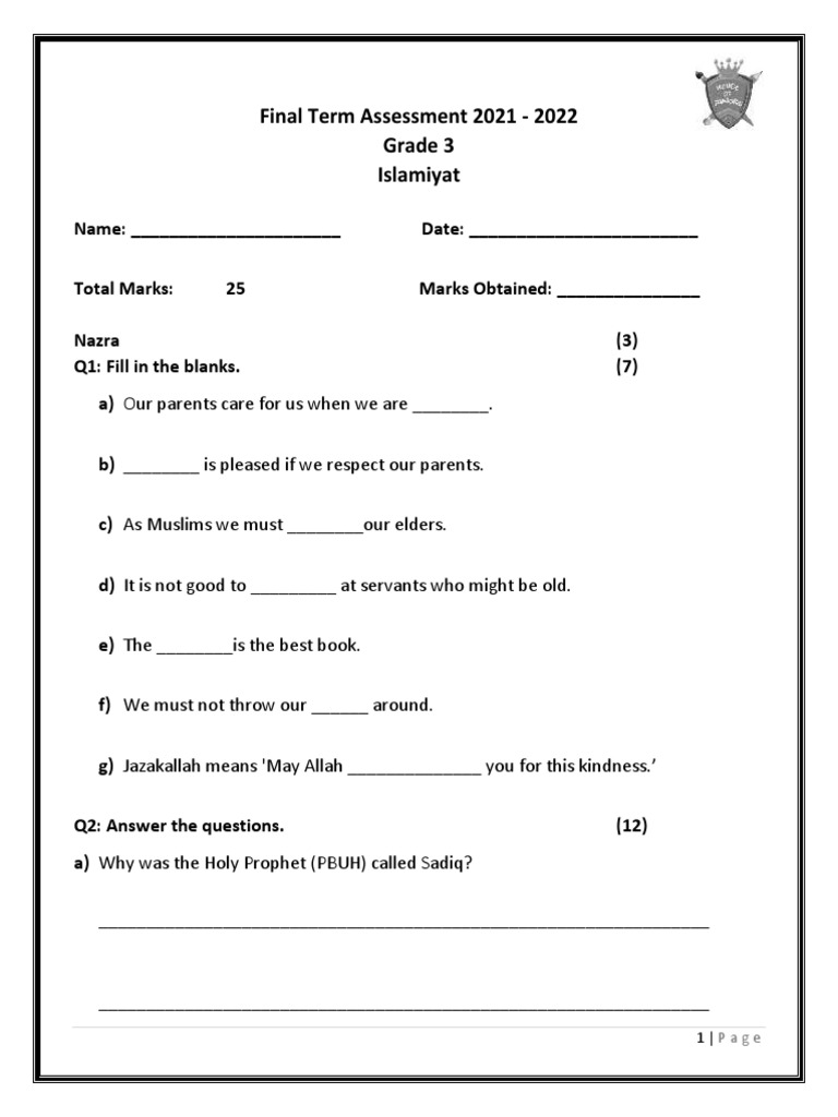 Grade 3 Islamiat Final Term 2022 | PDF | Prophets And Messengers In ...