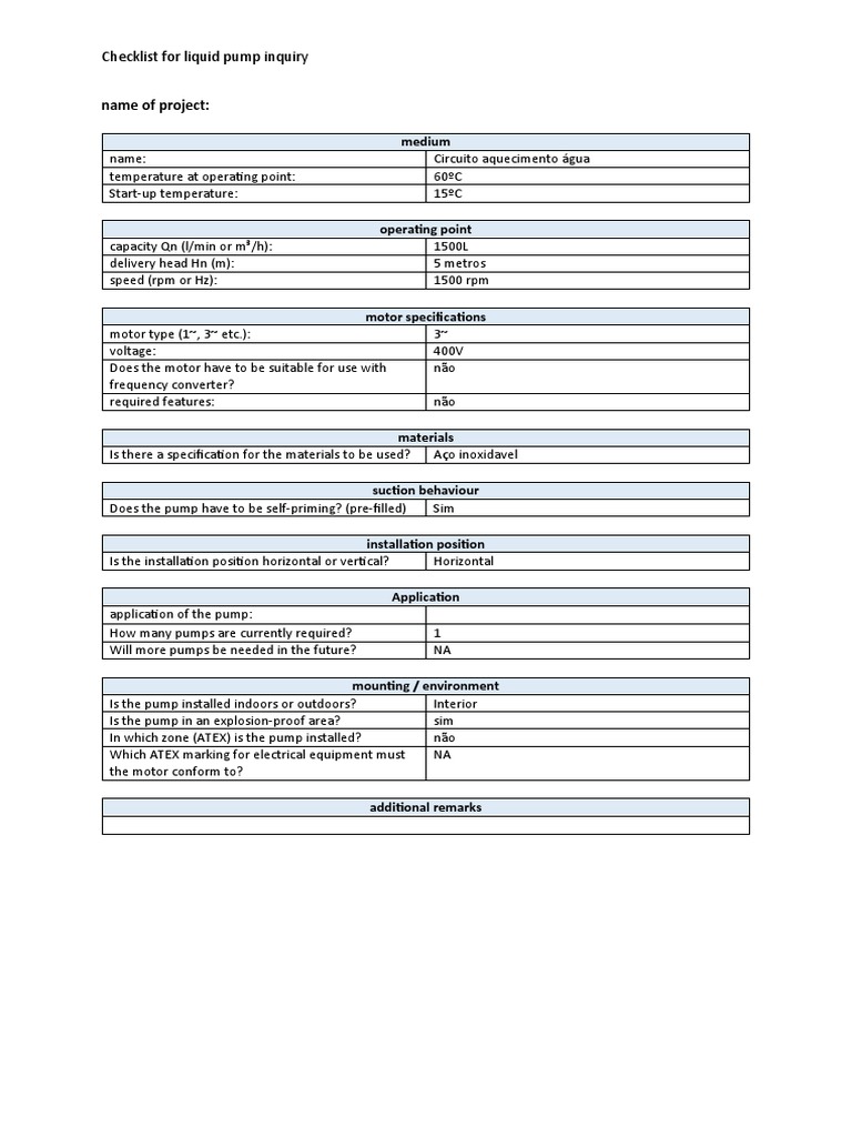 Liquid Pump Inquiry Checklist | PDF