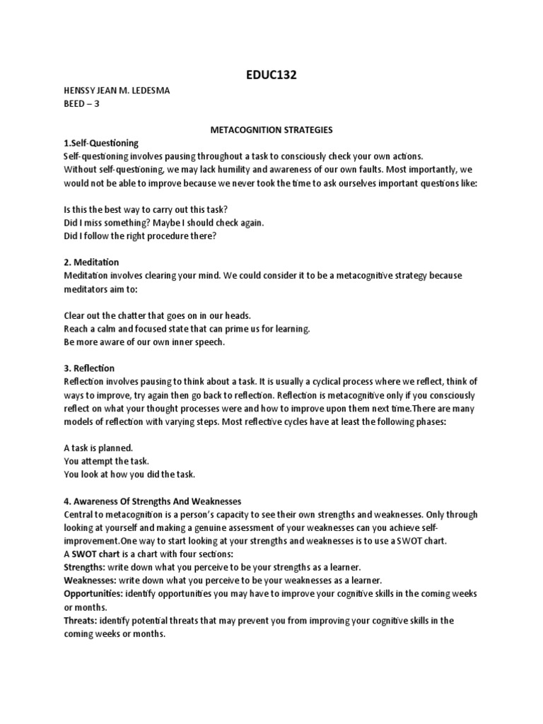 Metacognition Strategies | PDF | Learning Styles | Thought