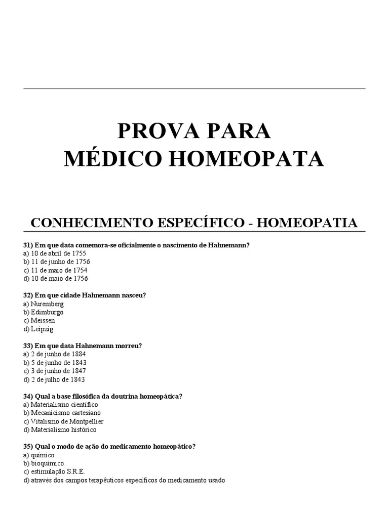 Prova de Conhecimentos em Homeopatia | PDF | Homeopatia | Remédio
