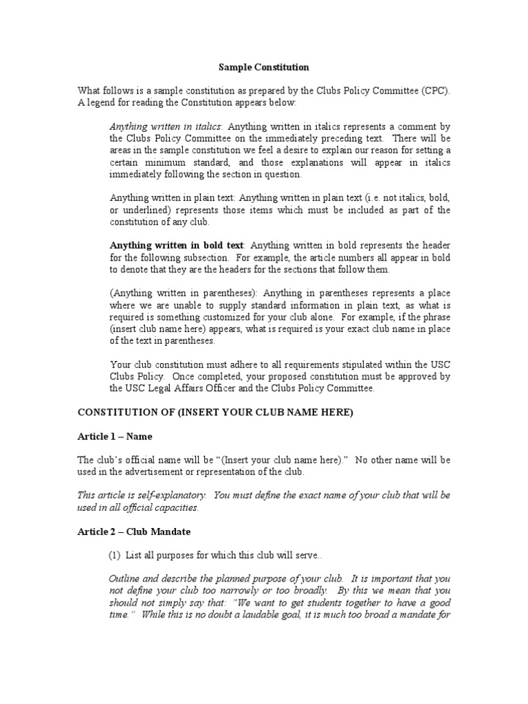 Sample Club Constitution Template | PDF | Impeachment | Constitutional ...