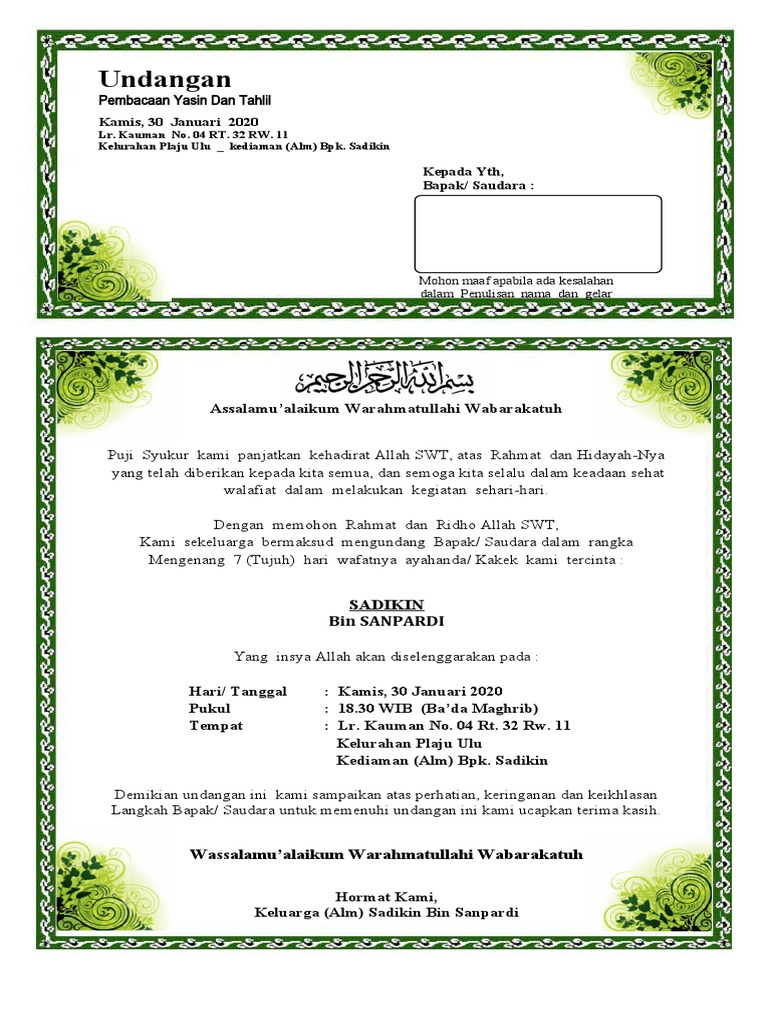 Undangan Yasinan dan Tahlil Alm. Sadikin | PDF | Agama & Spiritualitas