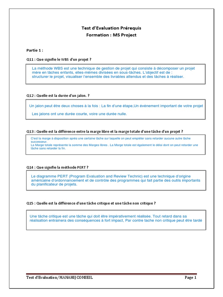 Test D'evaluation Prérequis Formation: MS Project: Partie 1 | PDF ...