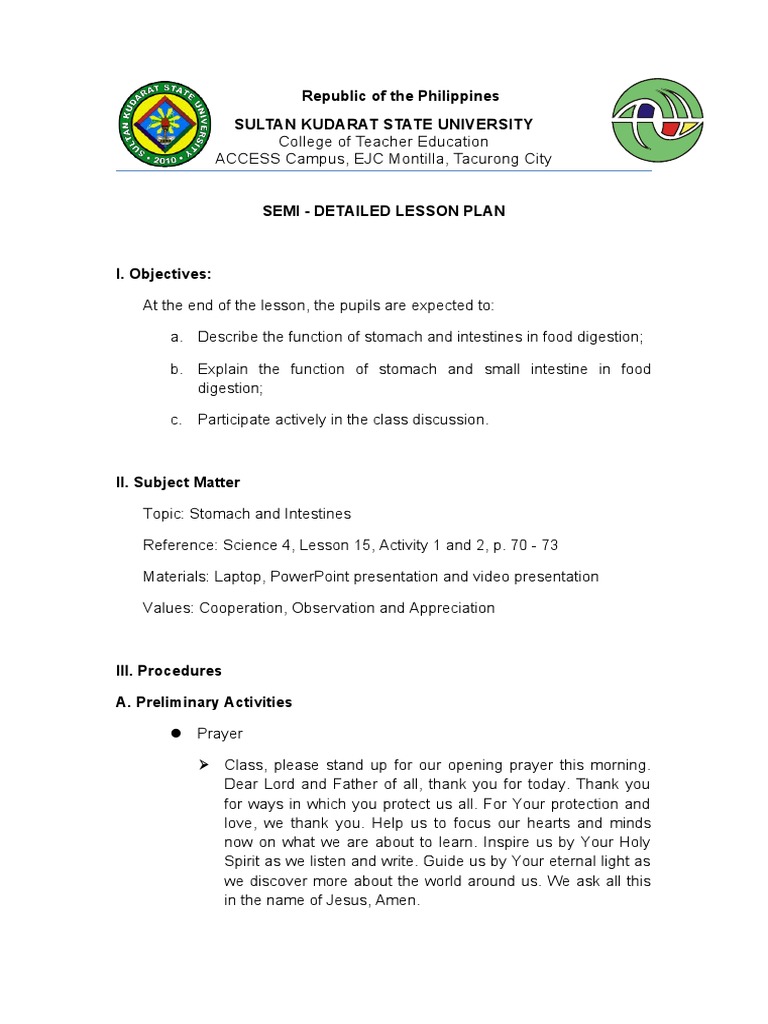 LESSON PLAN IN SCIENCE 4 Act. 1 | PDF | Digestion | Medical Specialties