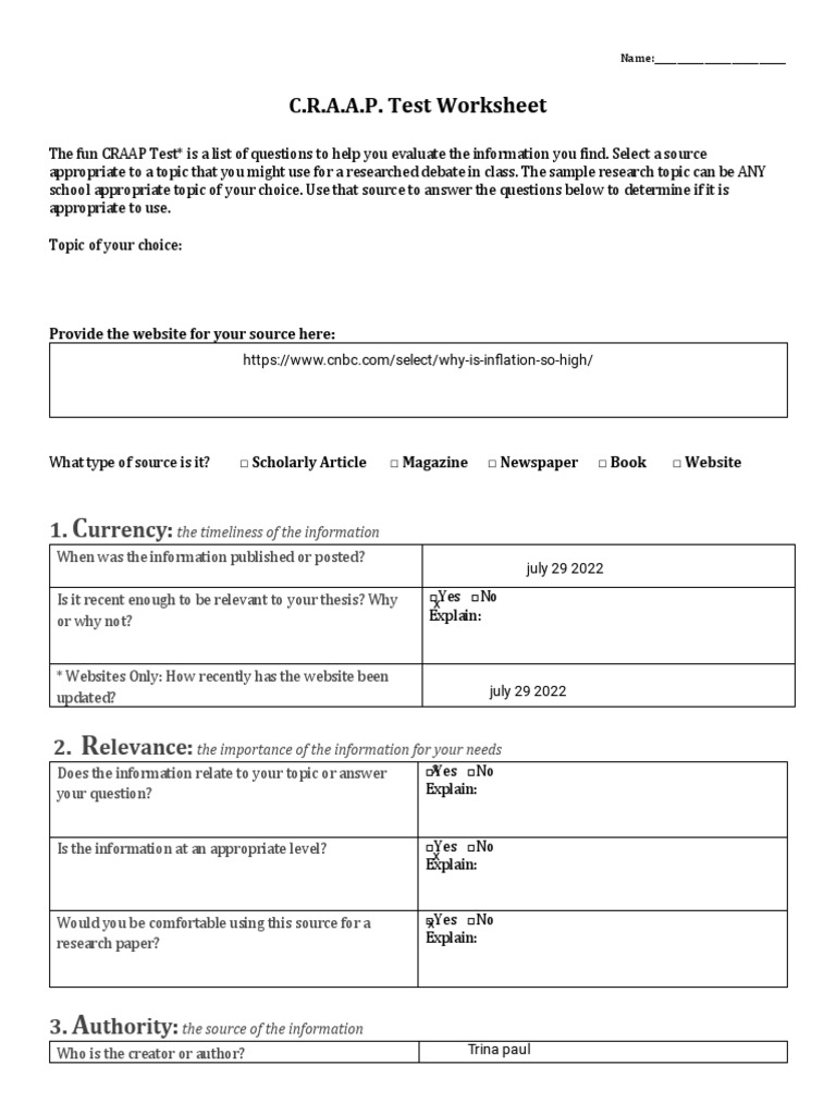 C.R.A.A.P. Test Evaluation Worksheet | PDF | Cognitive Science | Cognition