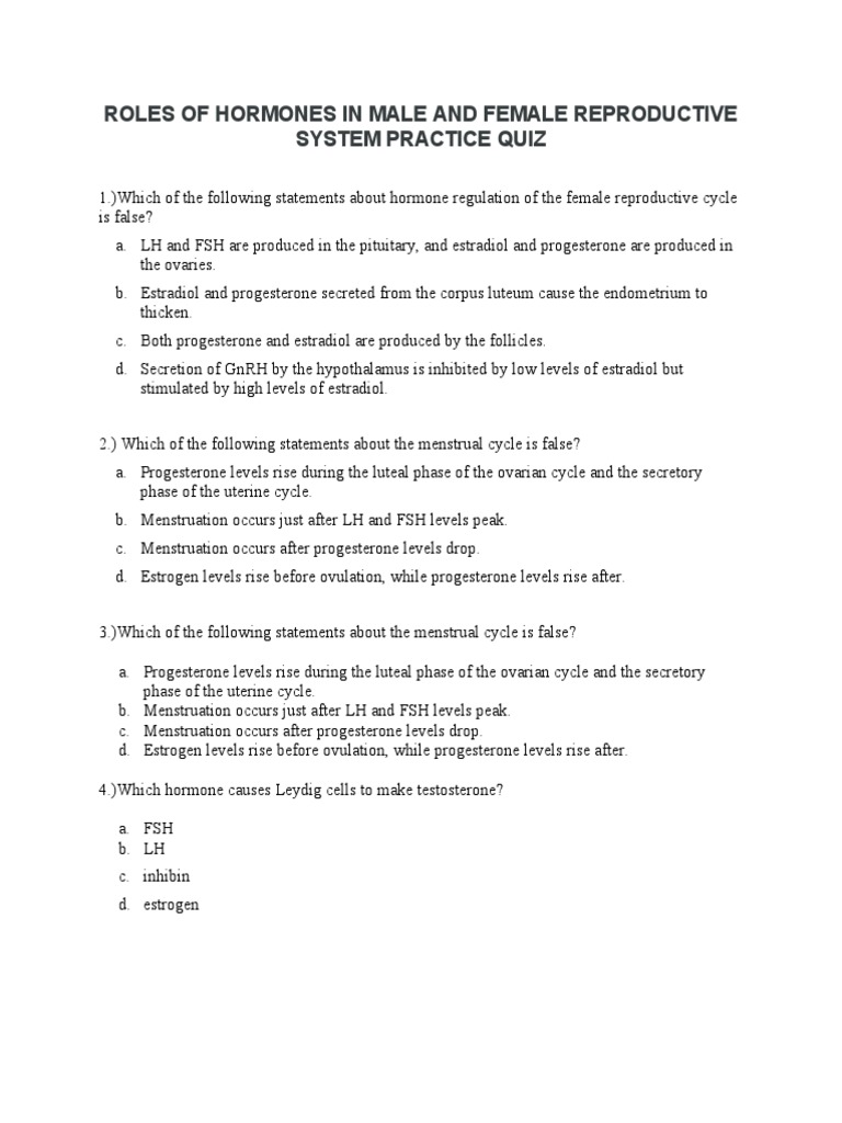 Roles of Hormones in Male and Female Reproductive System Practice Quiz | PDF