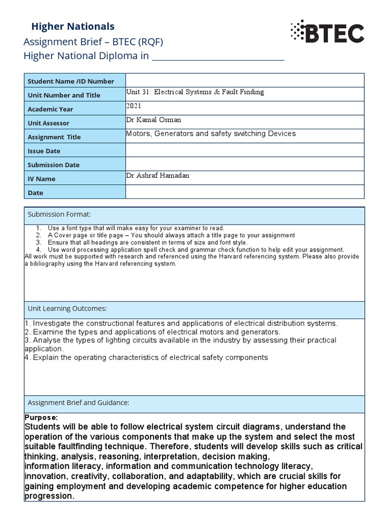 Assignment Brief - BTEC (RQF) Higher National Diploma in | Download ...