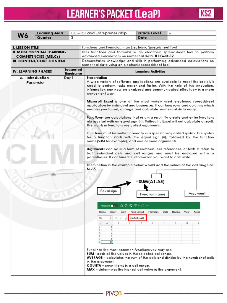 EPP-ICT-G6-w6 | PDF | Spreadsheet | Microsoft Excel
