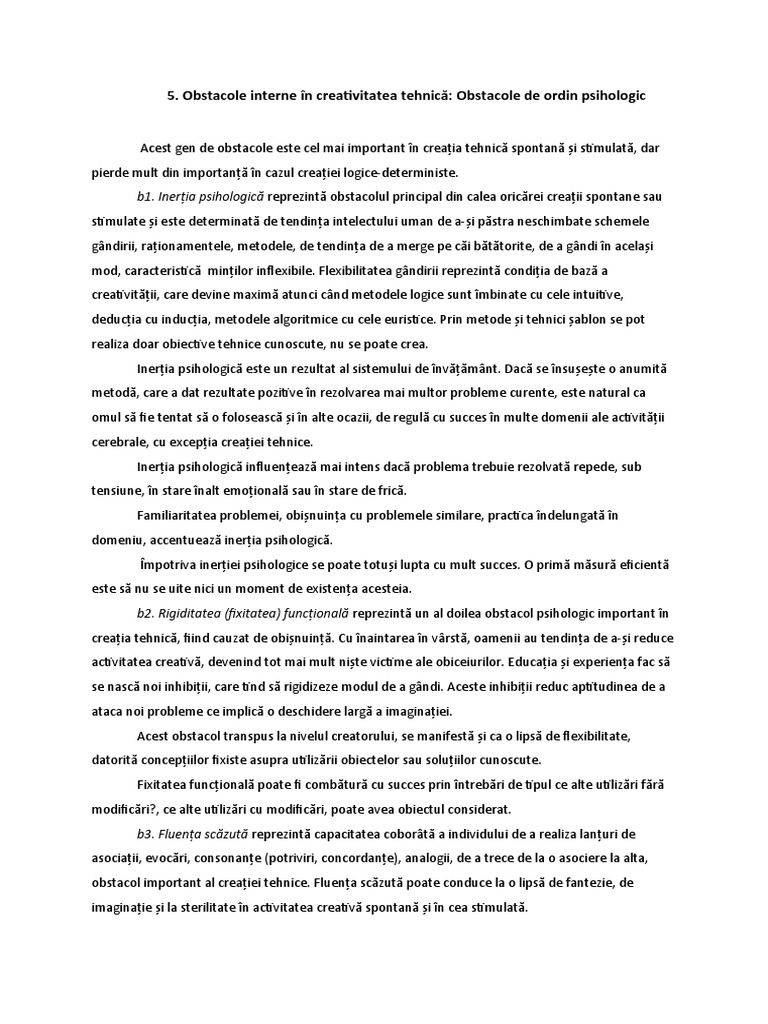 Obstacole Interne În Creativitatea Tehnică Obstacole de Ordin Psihologic | PDF