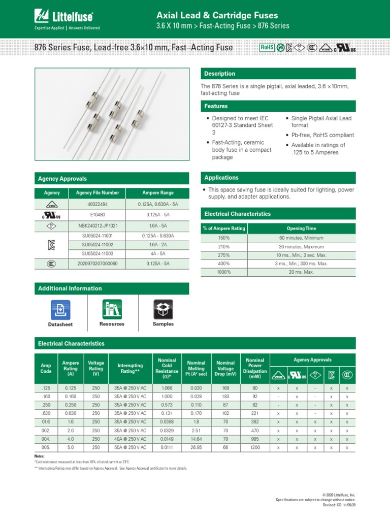 Littelfuse_Fuse_876_Datasheet_pdf-1317294 | PDF | Soldering | Fuse (Electrical)