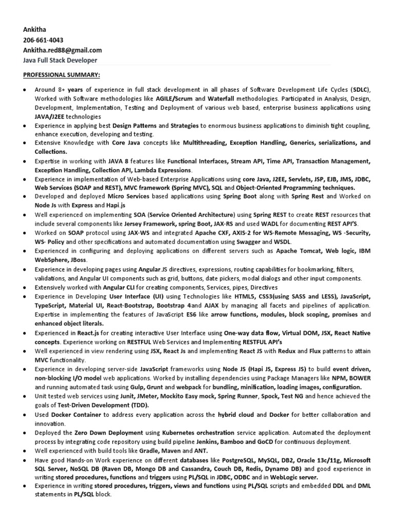 Java Full Stack Developer: Ankitha 206-661-4043 | PDF | Spring Framework | Web Service