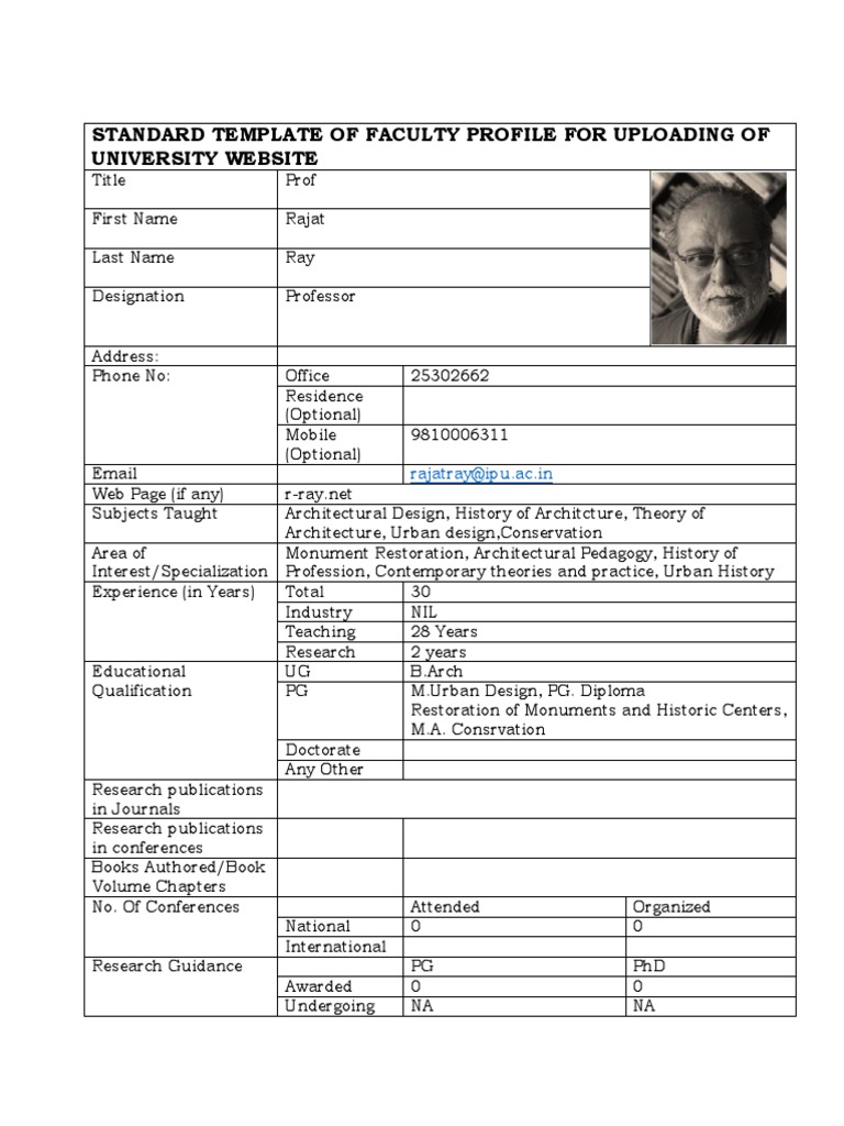 Standard Template of Faculty Profile For Uploading of University ...