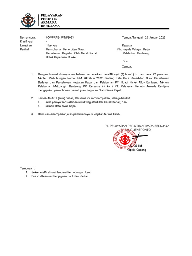 Permohonan Penerbitan Surat Persetujuan Olah Gerak Kapal | PDF