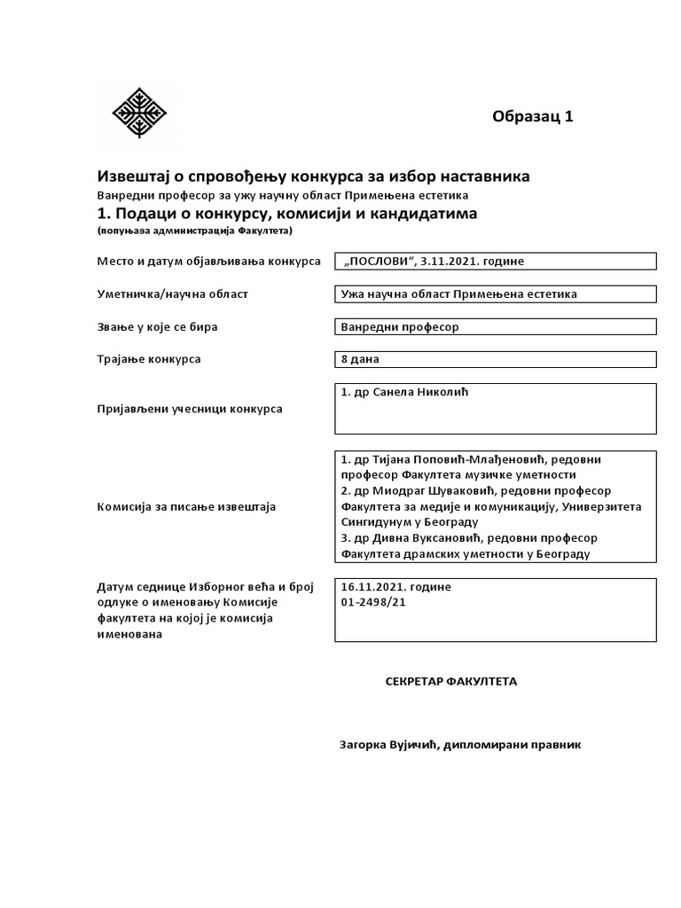 Vanredni Profesor Za Uzu Naucnu Oblast Primenjena Estetika | PDF