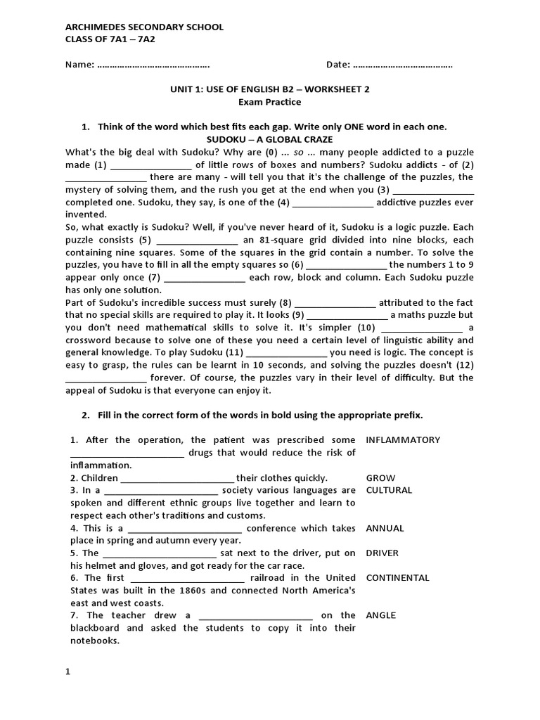 Unit 1: Use of English B2 – Worksheet 2: Exam Practice | PDF | Puzzles ...