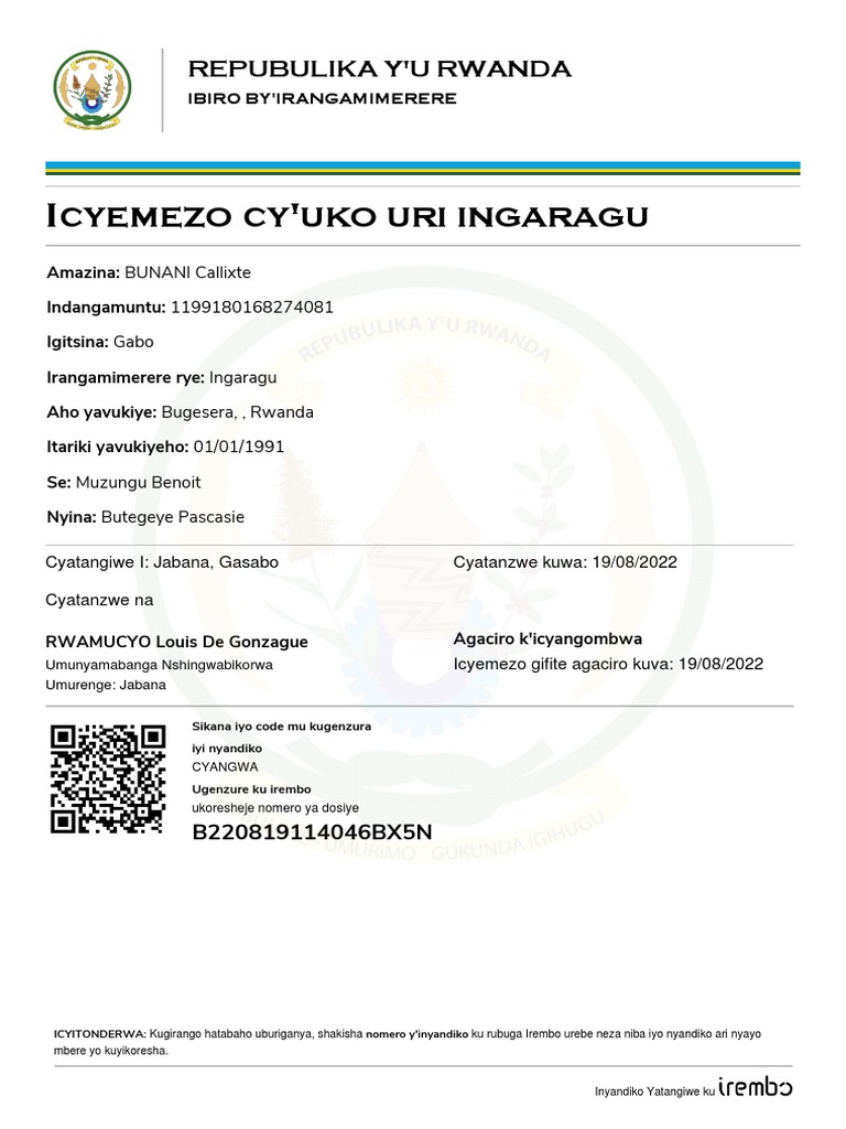 Icyemezo cy'Ingaragu BUNANI Callixte | PDF