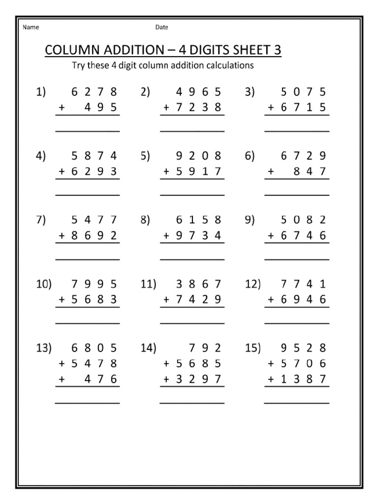 3rd Grade Column Addition Worksheet | PDF
