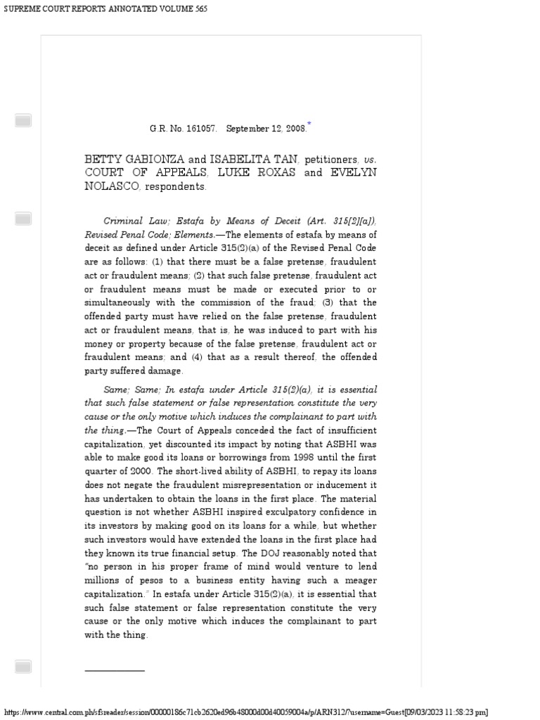 Gabionza vs. Court of Appeals, 565 SCRA 38 (2008) | PDF | Fraud ...