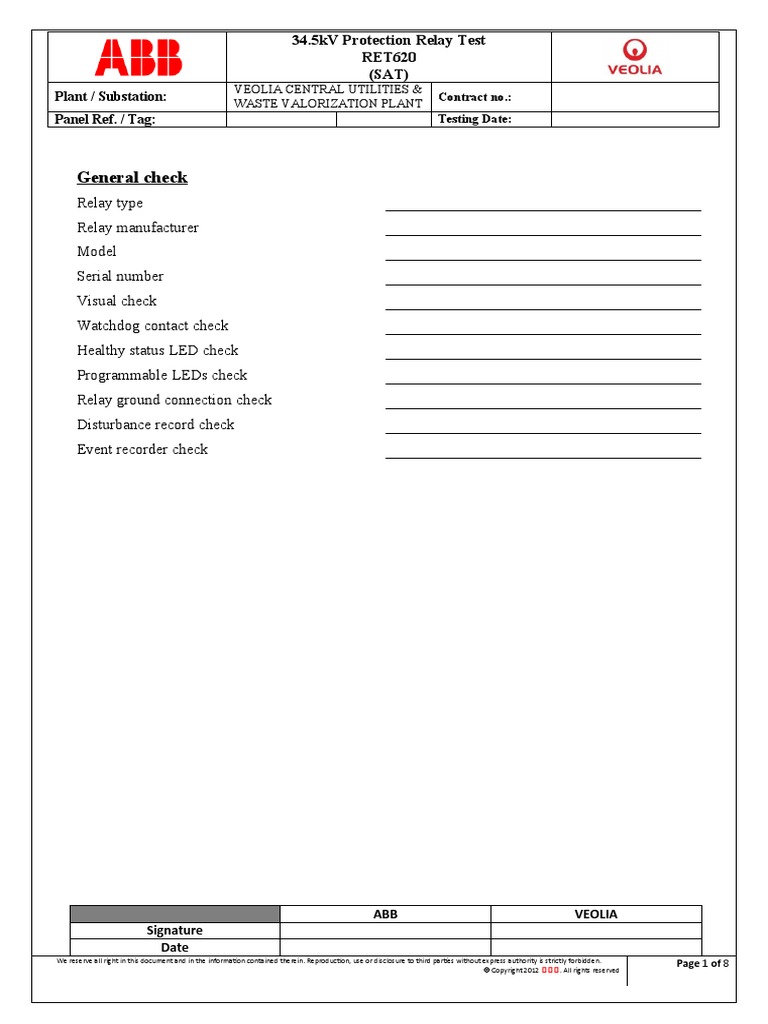 General Check: 34.5kV Protection Relay Test RET620 (SAT) | PDF ...