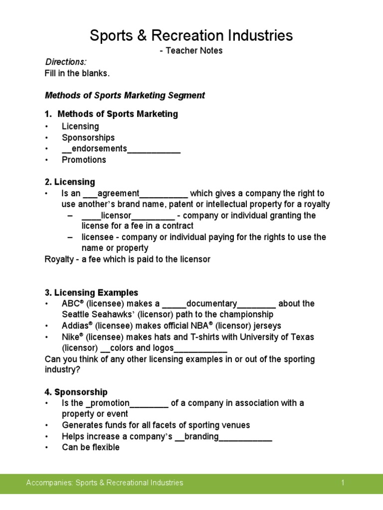 Methods of Sports Marketing Segment Student Notes | PDF | License ...