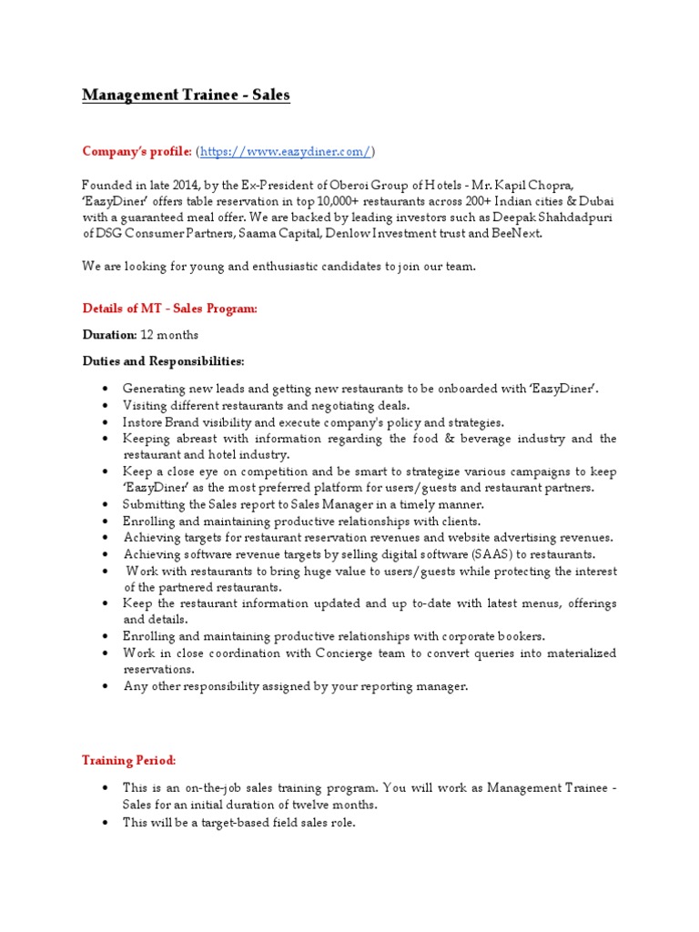 Management Trainee - Sales. | PDF | Incentive | Compensation And Benefits