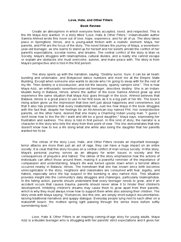 Love, Hate, and Other Filters Book Review | PDF | Hatred | Young Adult ...