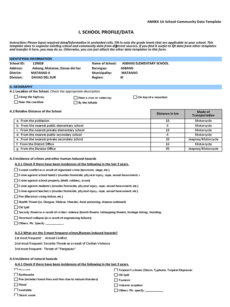SIP Annex 1A - School-Community Data Template | PDF | Natural Hazards | Hazards