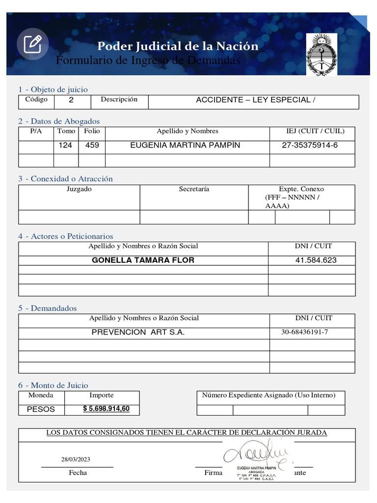 FF - Gonella Formulario Ingreso de Demanda Laboral | PDF